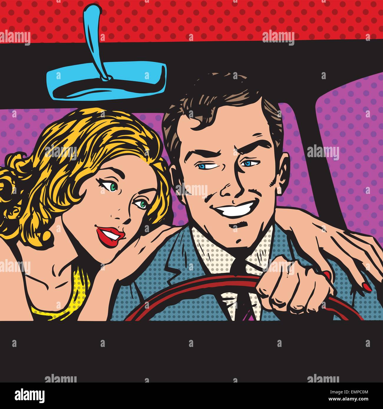 Man and woman in the car family pop art comics retro style Halftone ...