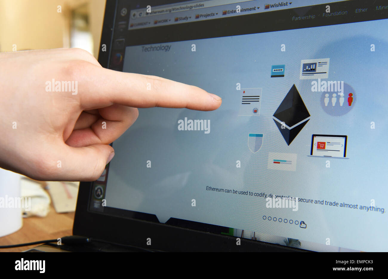 The technology of the Ethereum platform is represented on a computer ...