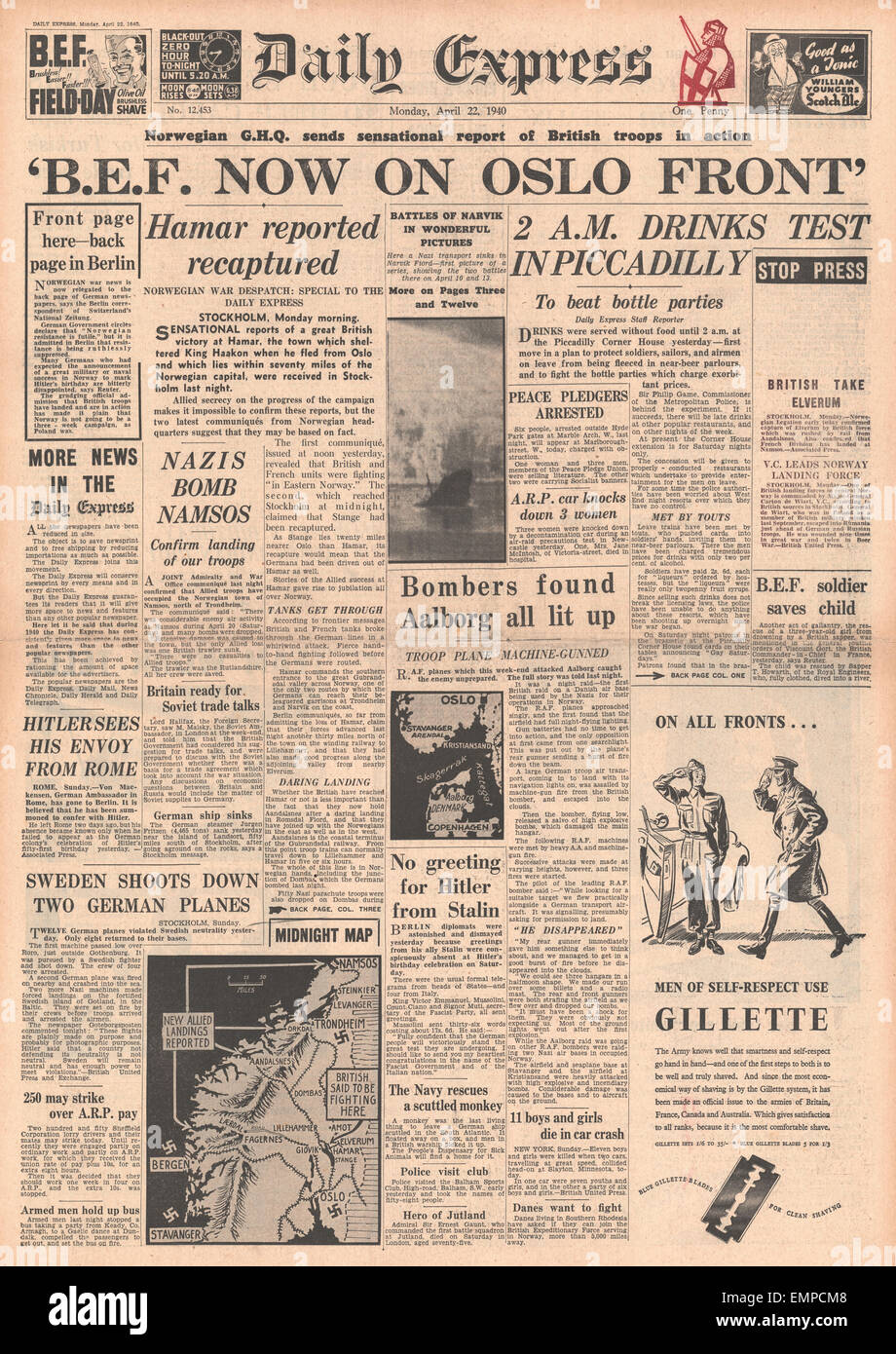 1940 front page daily express hi-res stock photography and images - Alamy
