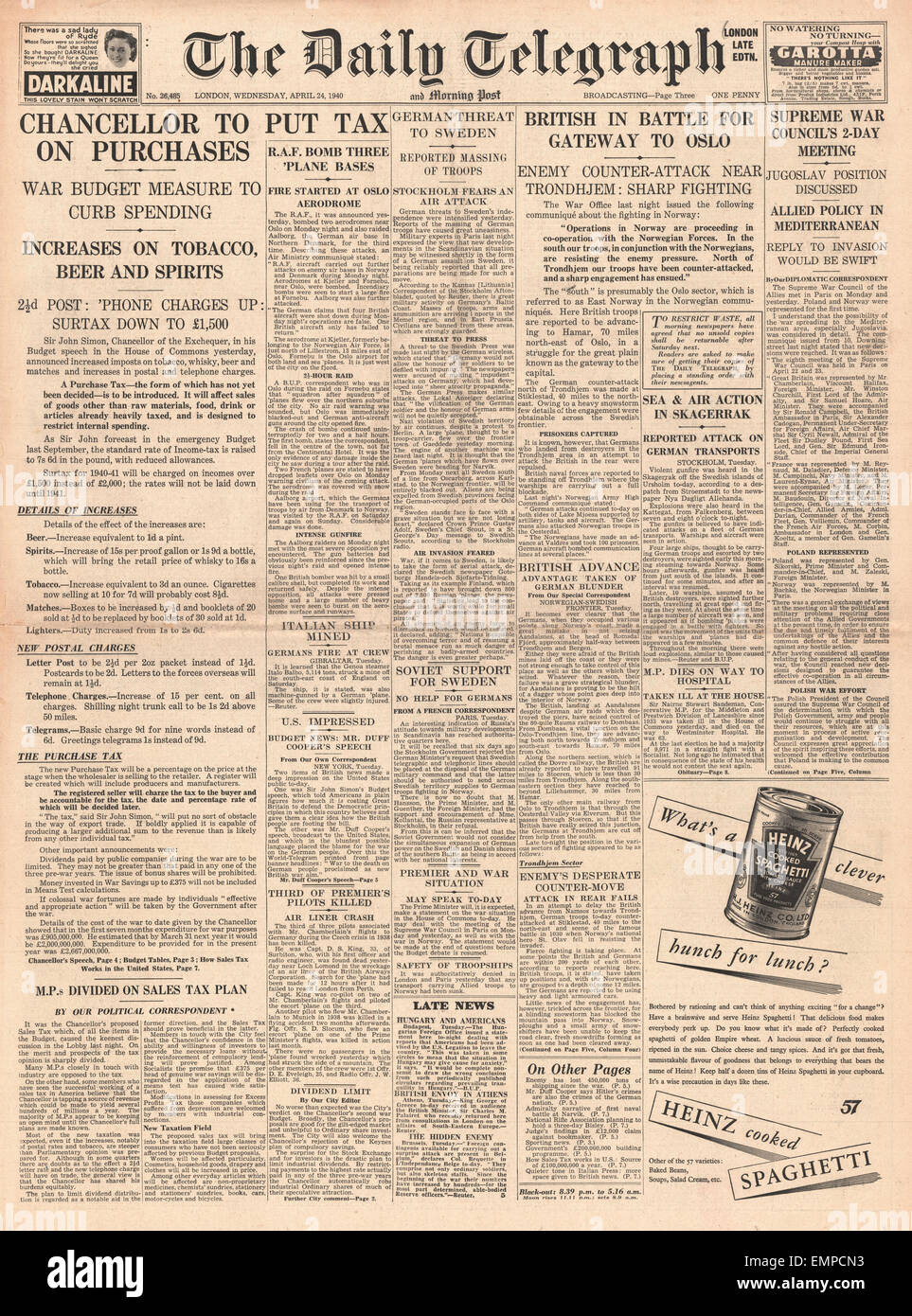 1940 front page Daily Telegraph Chancellor Sir John Simon announces ...