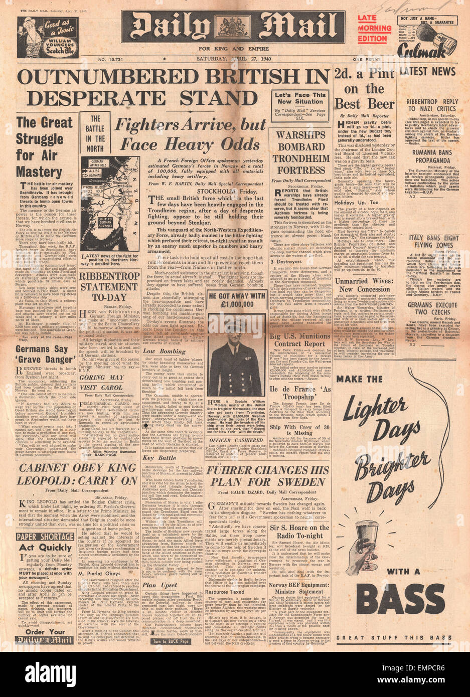 1940 front page Daily Mail British Army Fighting against heavy odds in ...