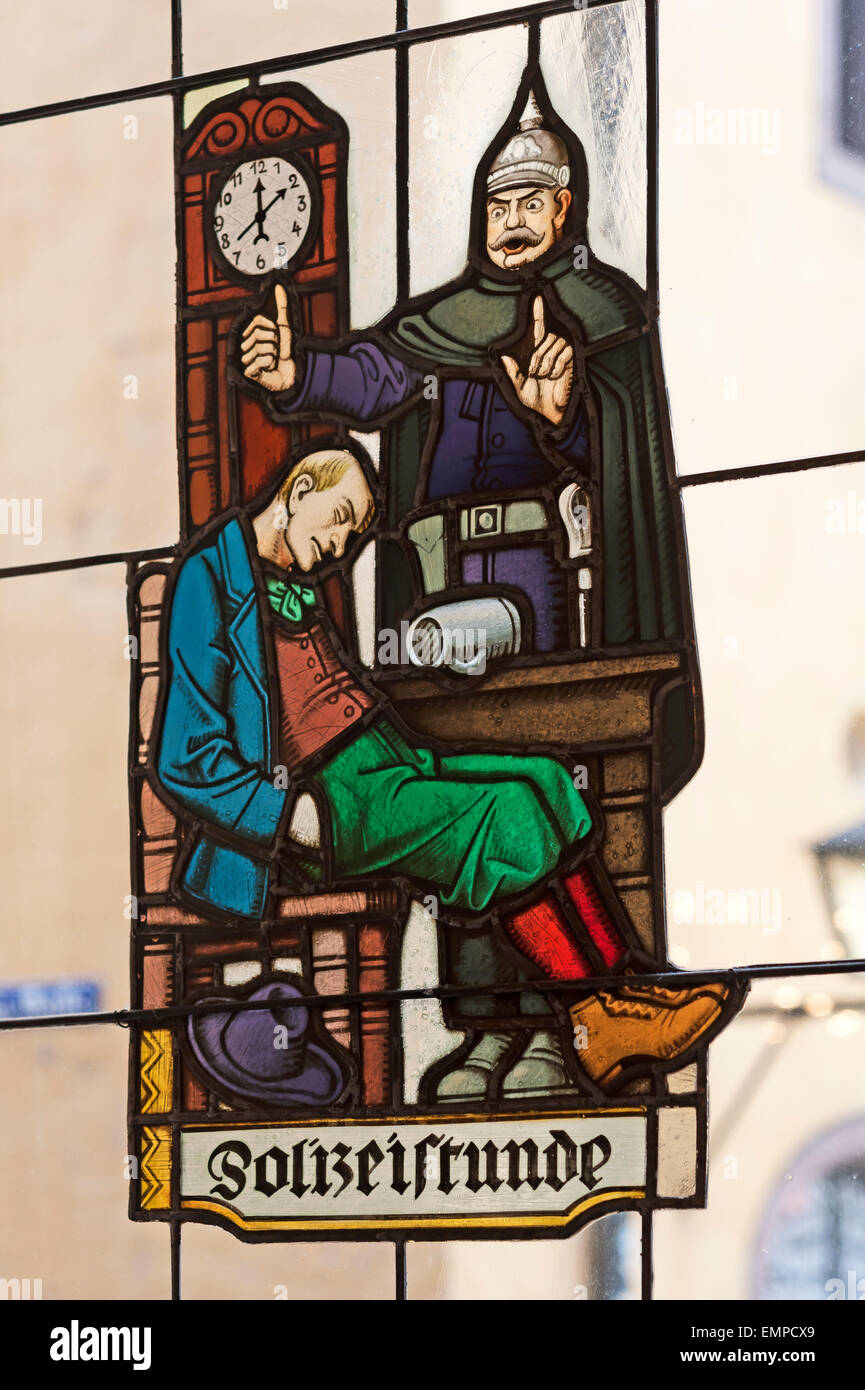 Glass window "Polizeistunde", German for curfew, at an inn, Regensburg ...
