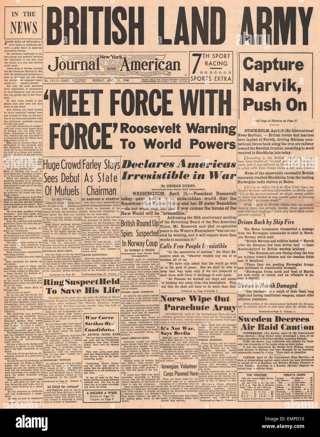 1940 front page New York Journal American British Army Land in Norway ...