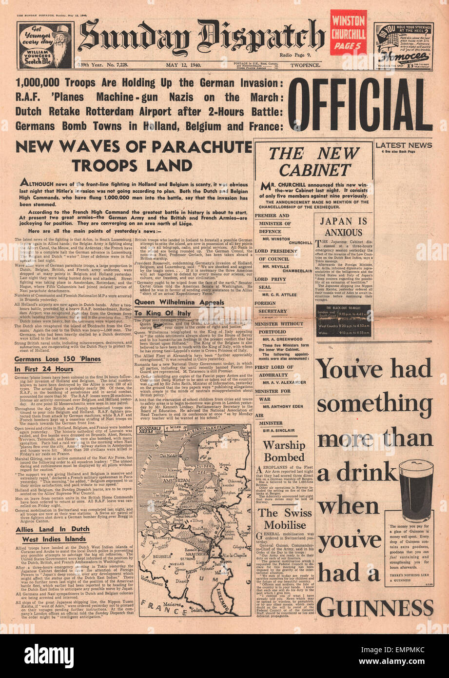 1940 front page Sunday Dispatch German Army advance is checked by ...