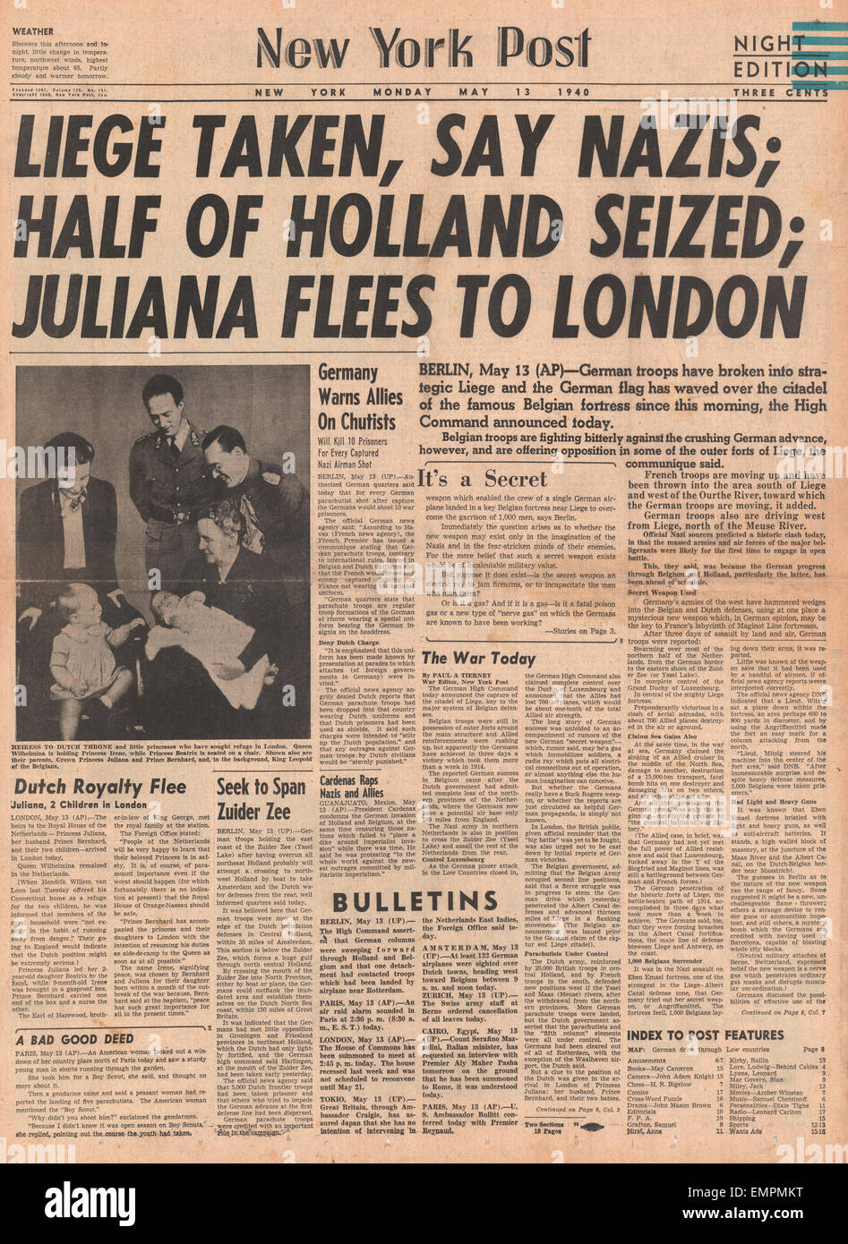 1940 front page New York Post German forces capture Liege Crown ...