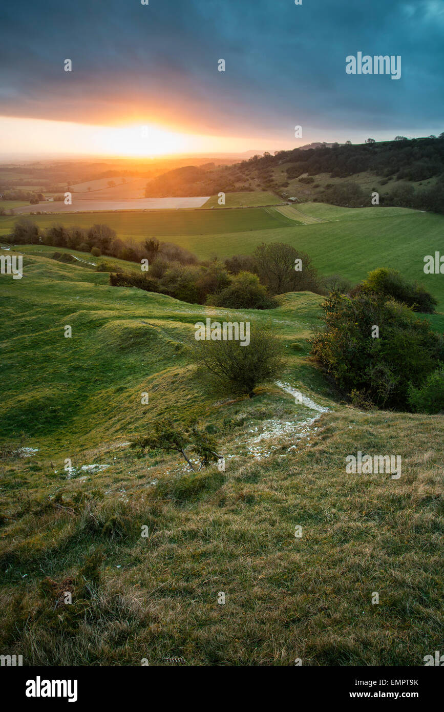 Stunning Spring sunrise over English countryside landscape escarpment ...