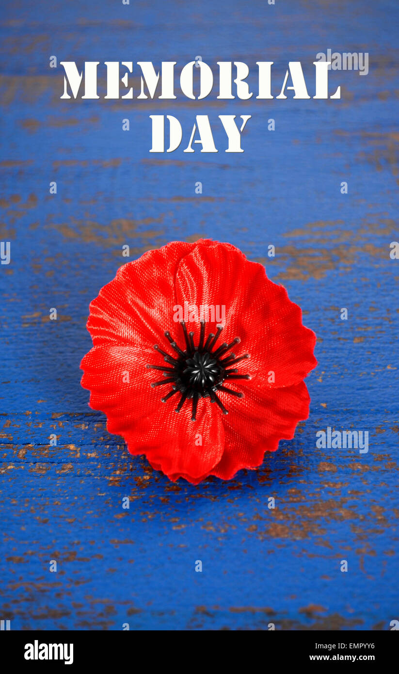 USA Memorial Day concept of red remembrance poppy on dark blue vintage ...