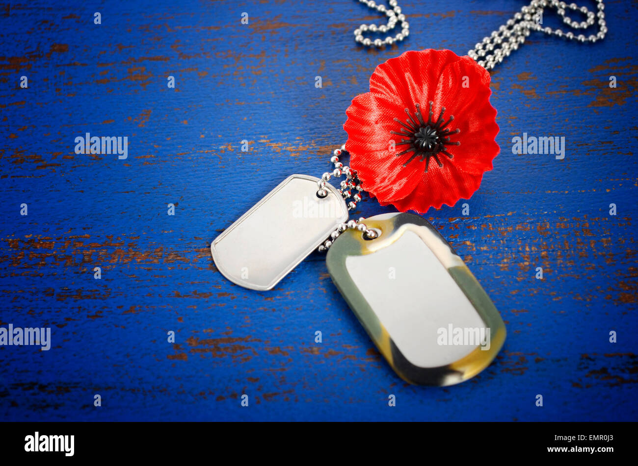USA Memorial Day concept of red remembrance poppy on dark blue vintage ...