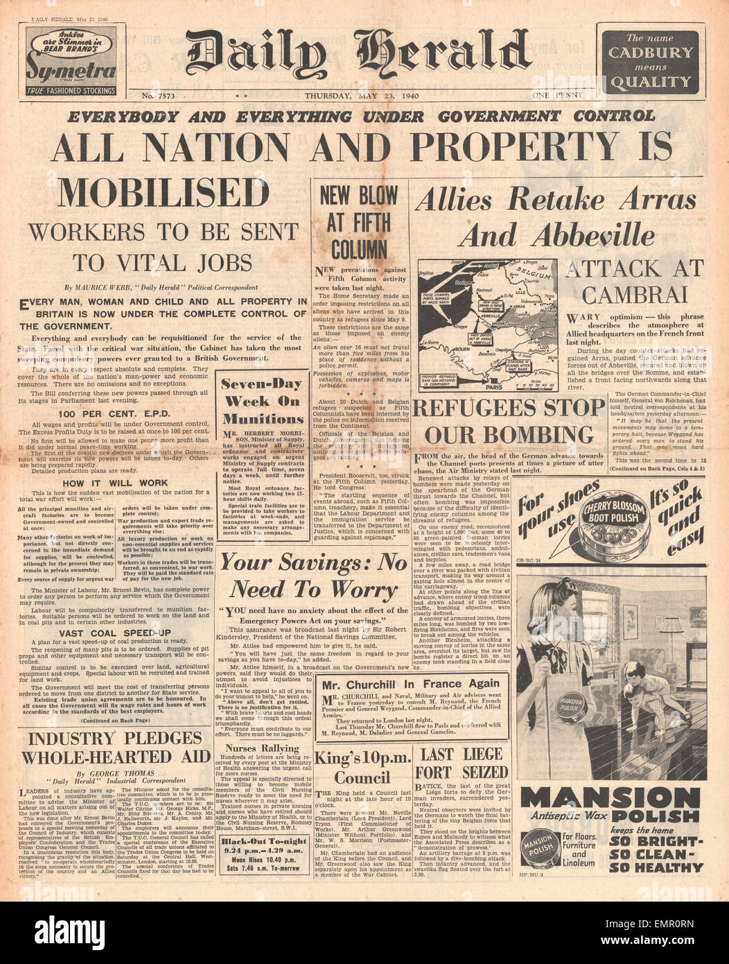 1940 front page Daily Herald British people property under Government ...