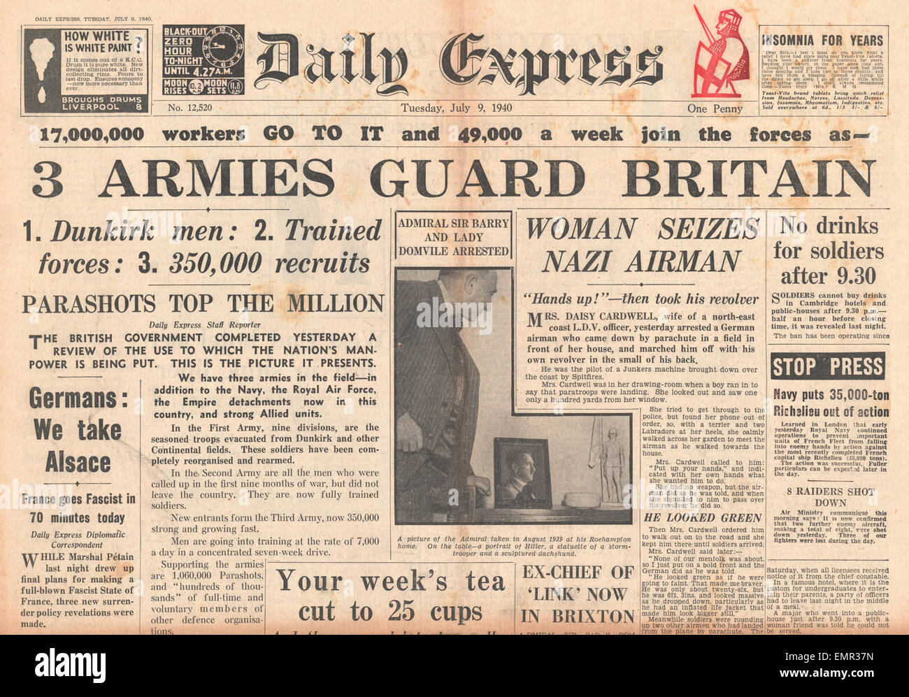 1940 front page Daily Express Government review on use of Britains ...