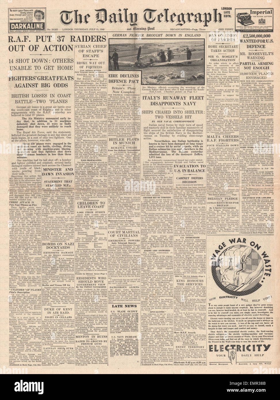 1940 front page Daily Telegraph Battle of Britain Begins Stock Photo ... 1940 front page Daily Telegraph Battle of Britain Begins Stock Photo ...