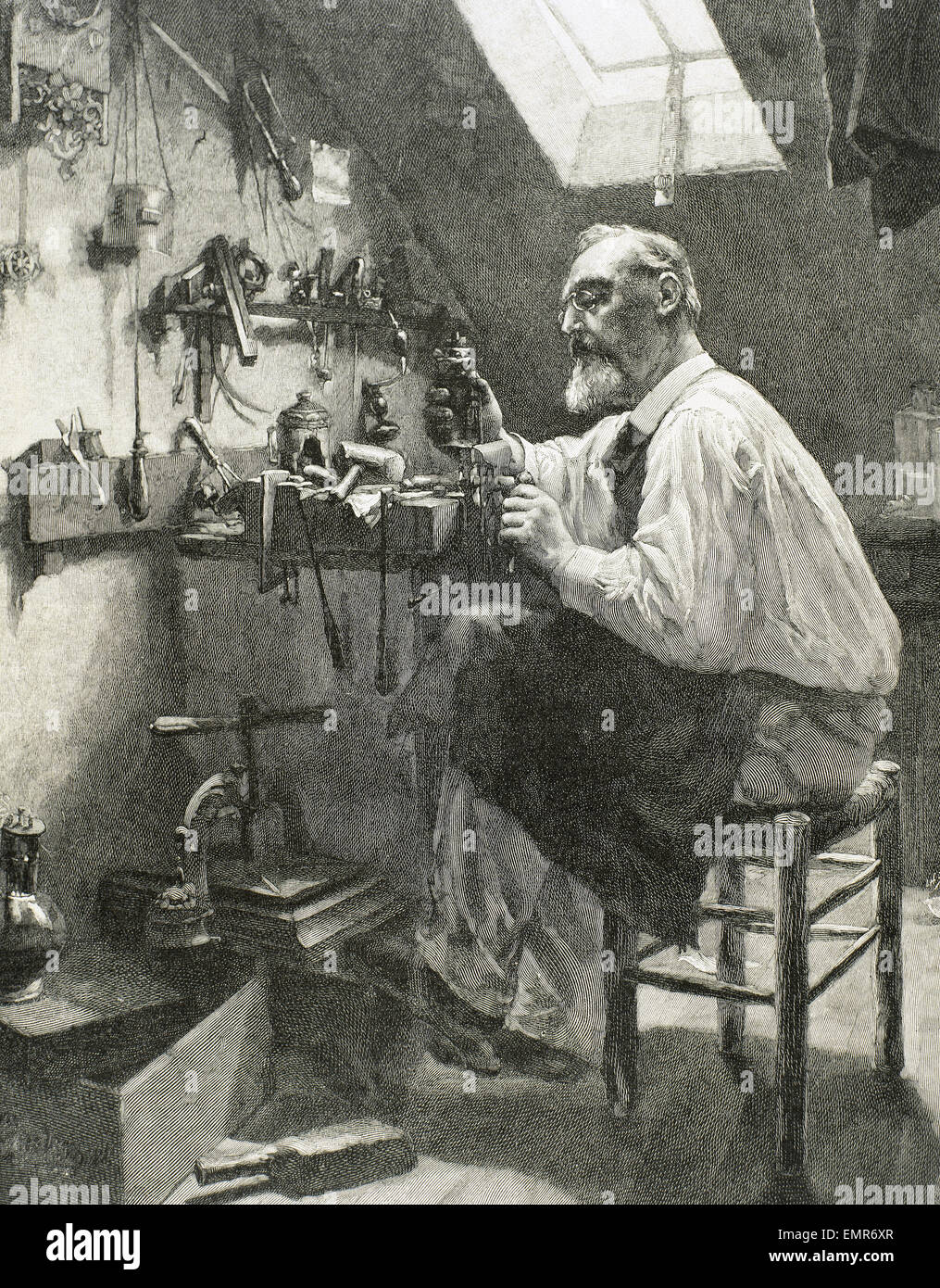 Craftsman in his workshop. Engraving. 19th century Stock Photo - Alamy