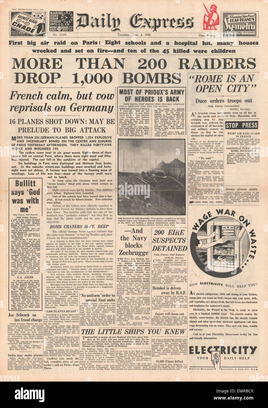 1940 front page Daily Express German bombing raid on Paris Stock Photo ...
