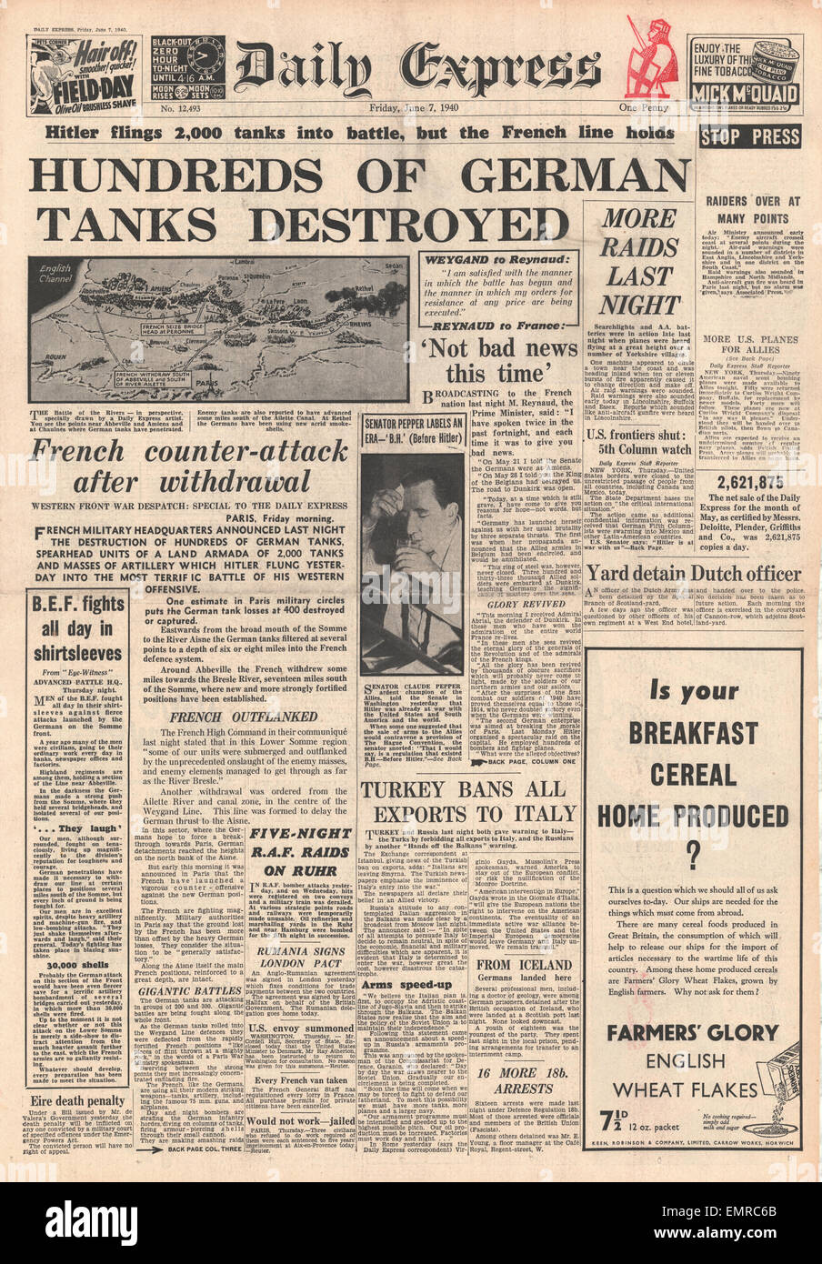 1940 front page Daily Express German forces head south to Paris French ...