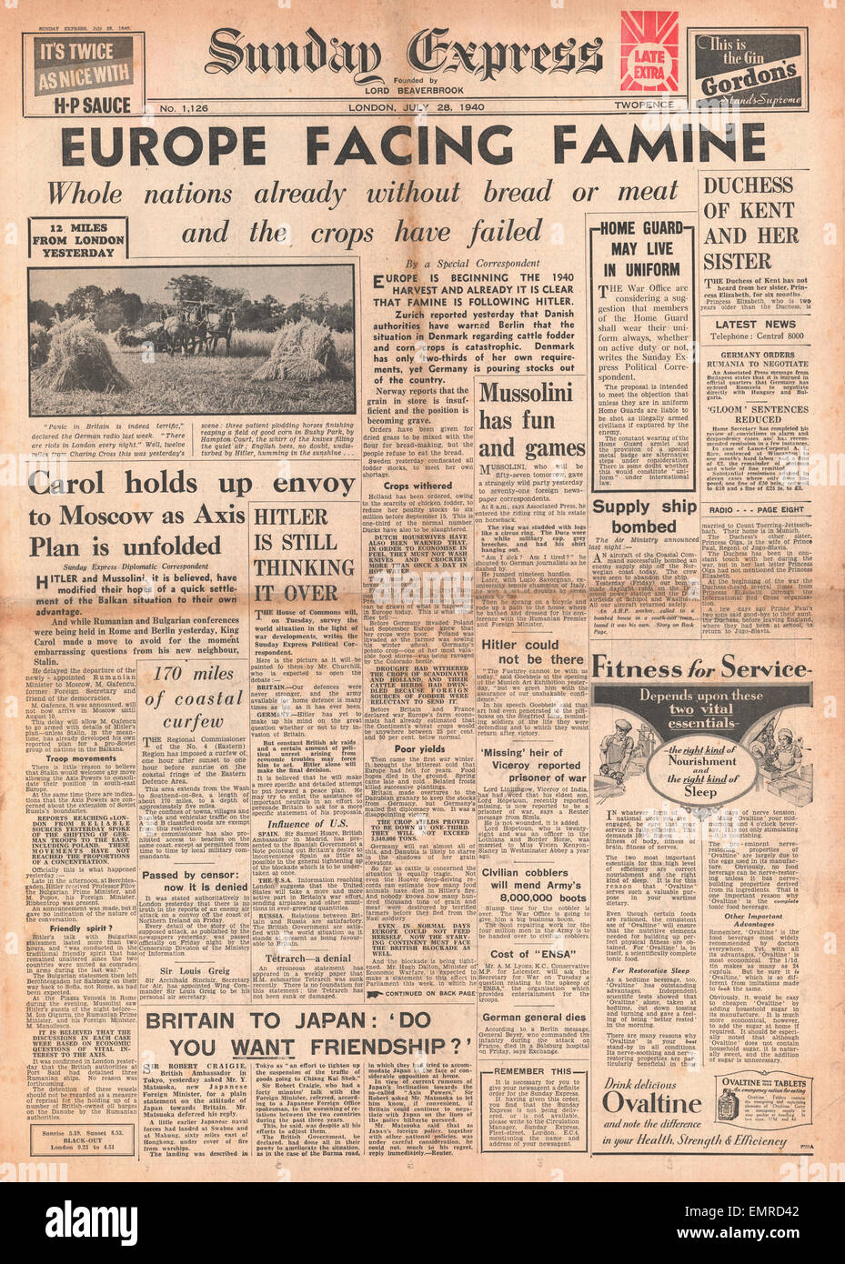 1940 front page Sunday Express Europe facing famine after poor harvest ...