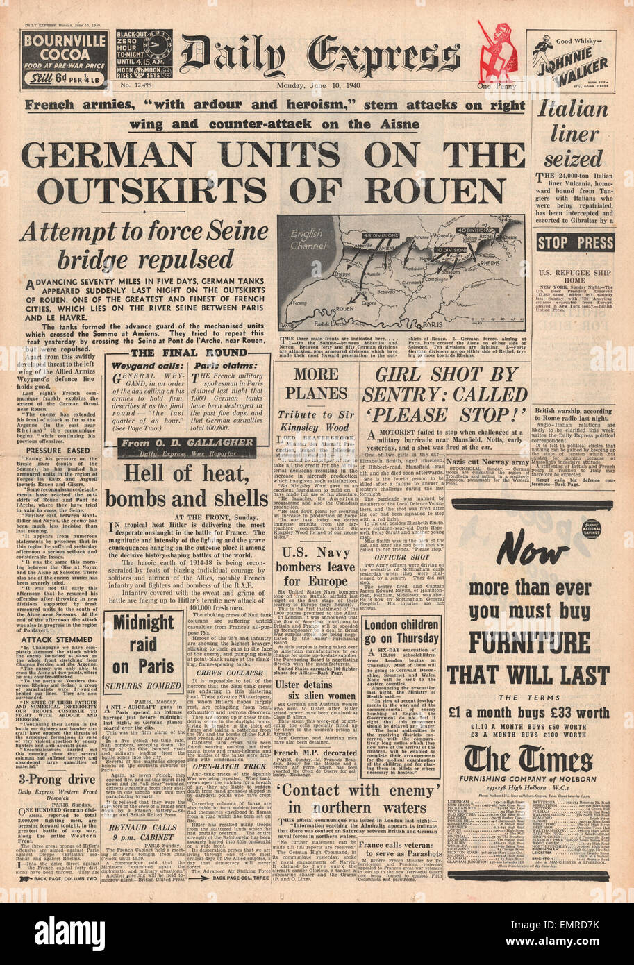 1940 front page Daily Express German army on the outskirts of Rouen ...