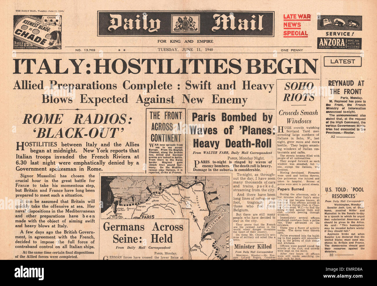 1940 front page Daily Mail Italy declares war on the Allies German ...