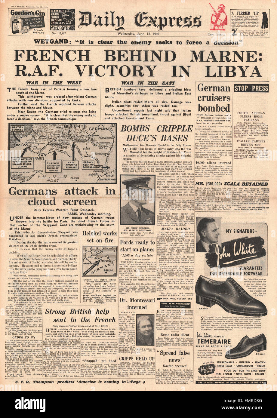 1940 Daily Express front page German forces held 35 miles from Paris ...