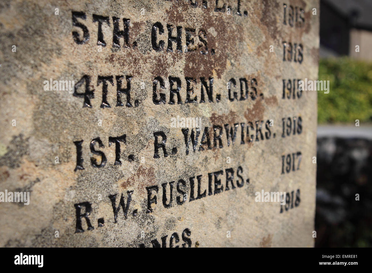 Village First World War WW1 memorial in Eardisland Herefordshire England UK showing regiments of ...