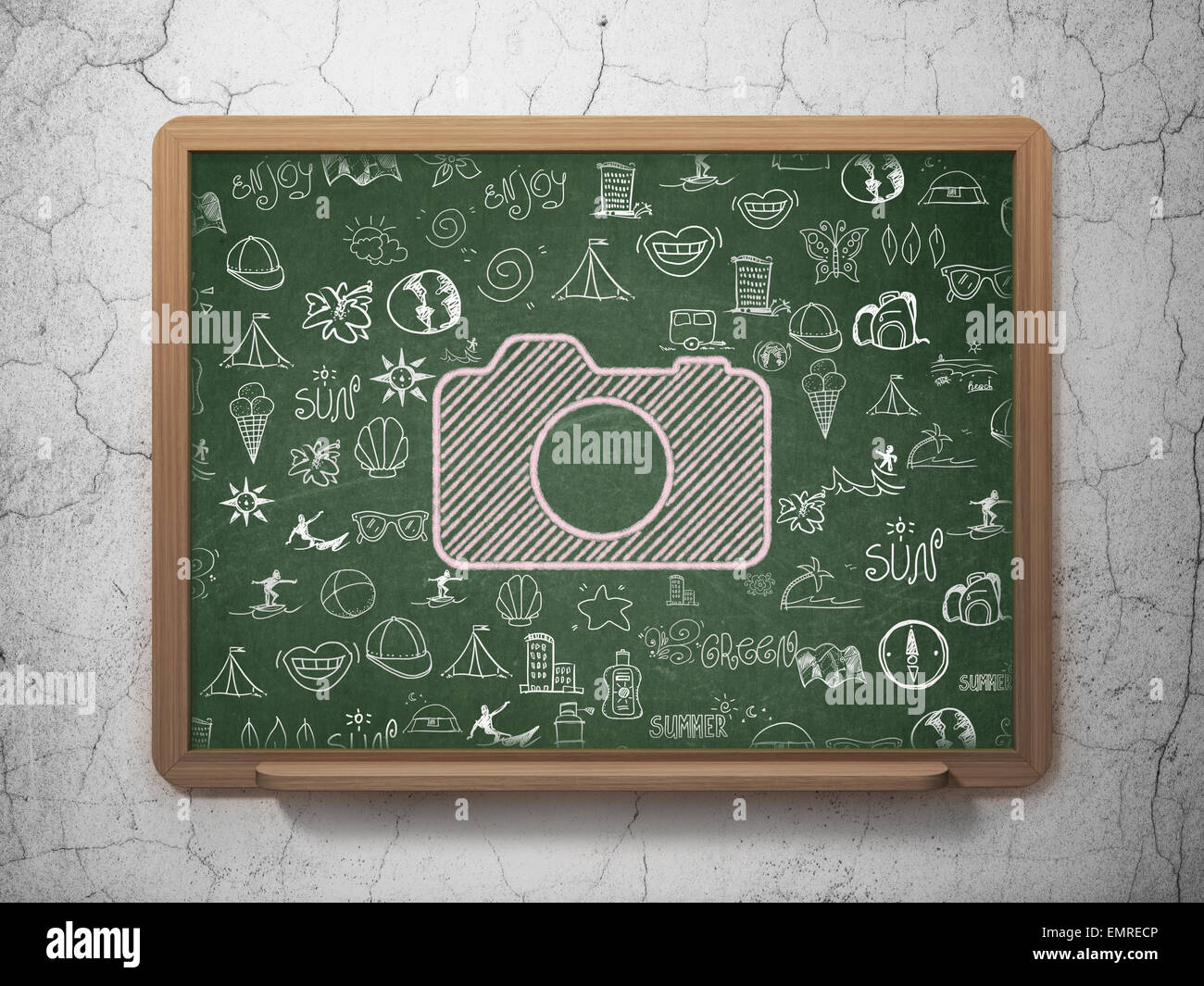 Vacation concept: Photo Camera on School Board background Stock Photo ...