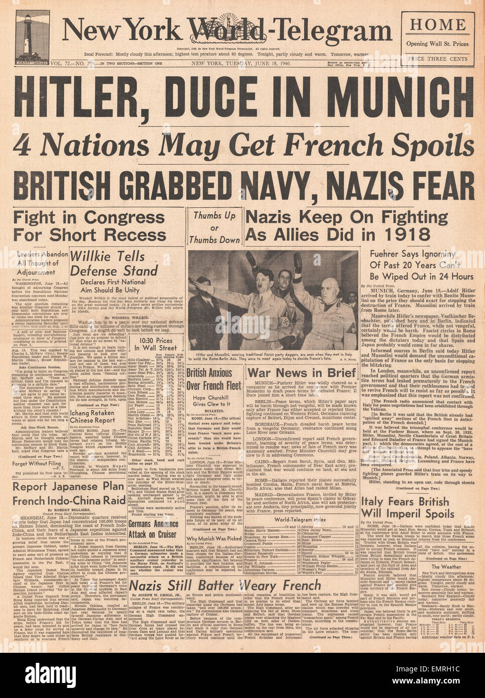 1940 front page New York World Telegram Adolf Hitler Benito Mussolini ...