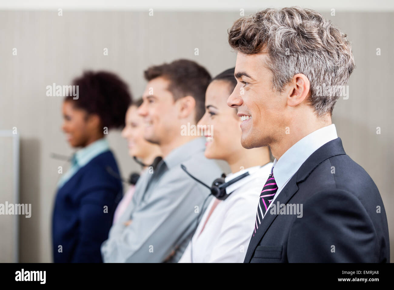 Happy Manager Standing In Row With Call Center Employees Stock Photo ...