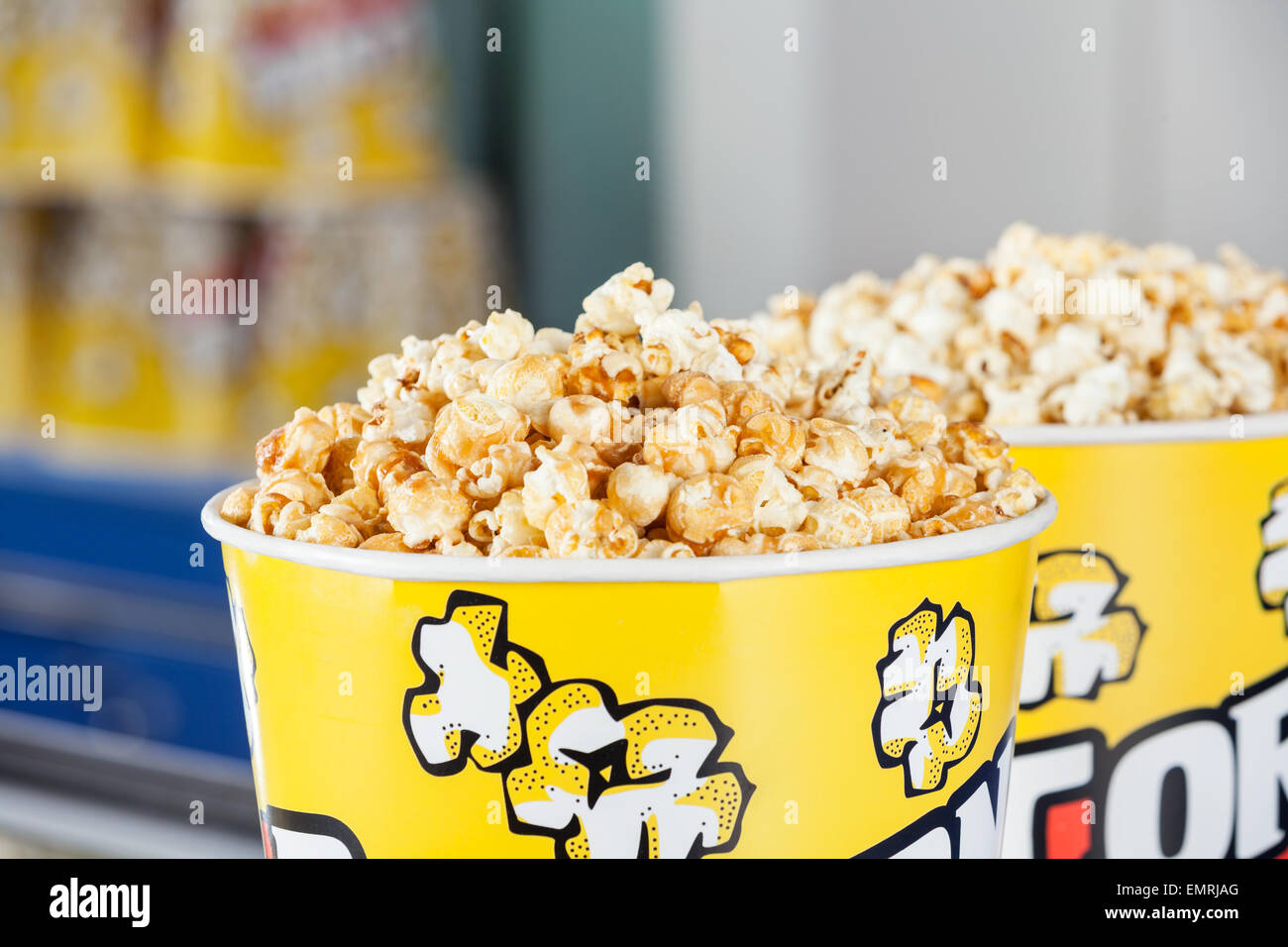 Roasted Popcorns In Buckets At Cinema Stock Photo - Alamy