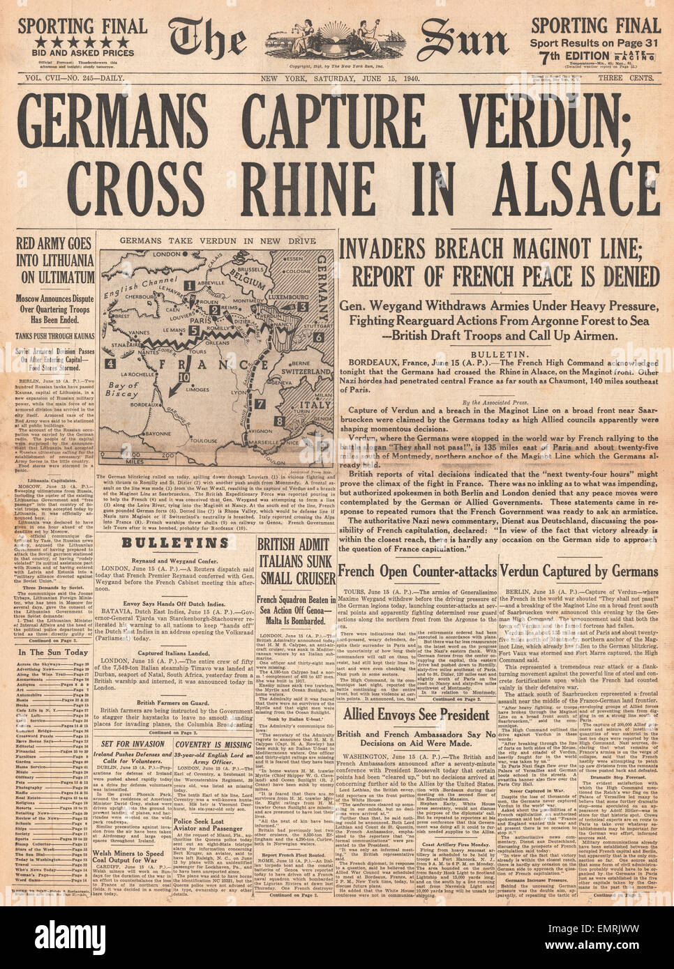 1940 front page The Sun (New York) German army capture Verdun cross the ...