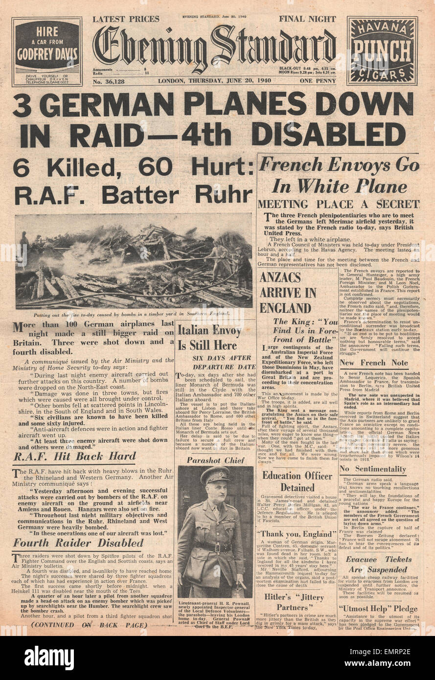 1940 front page Evening Standard (London) Bombing raid on Eastern ...