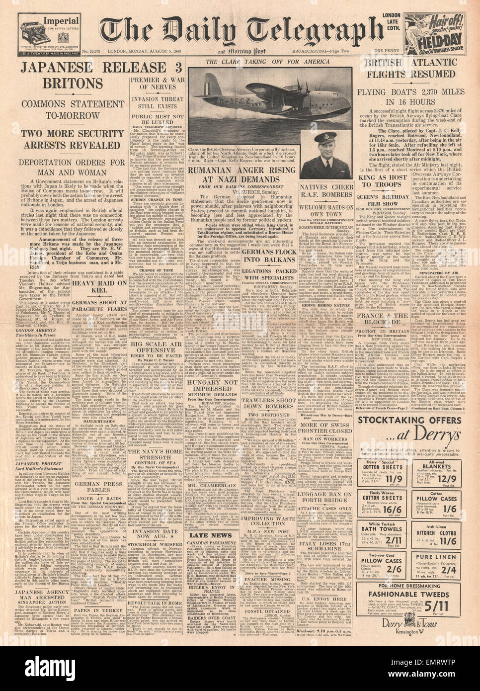1940 front page Daily Telegraph Japanese Government Release Three More ...