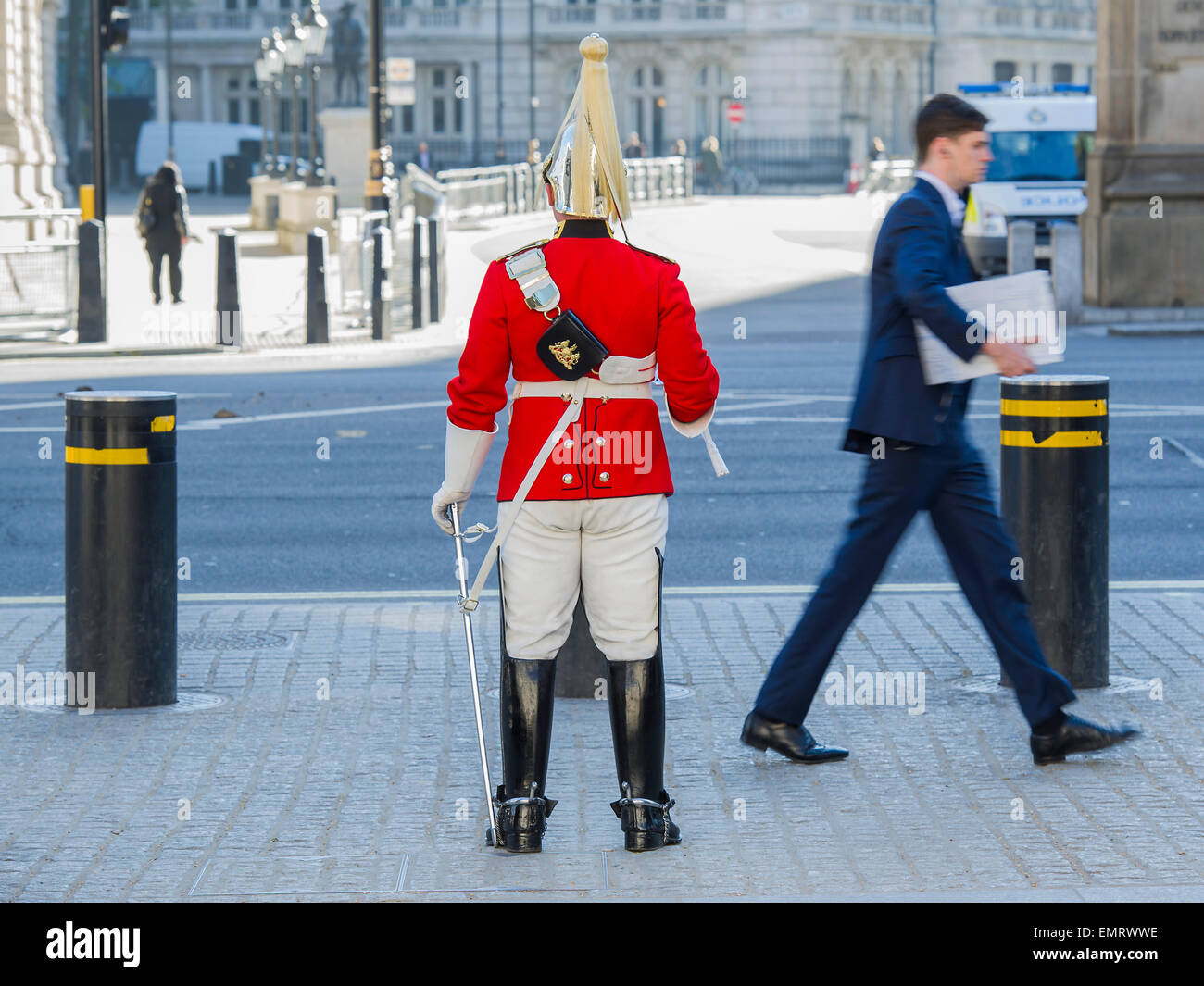 A trooper, from the Life Guards cavalry regiment, stands guard at the ...