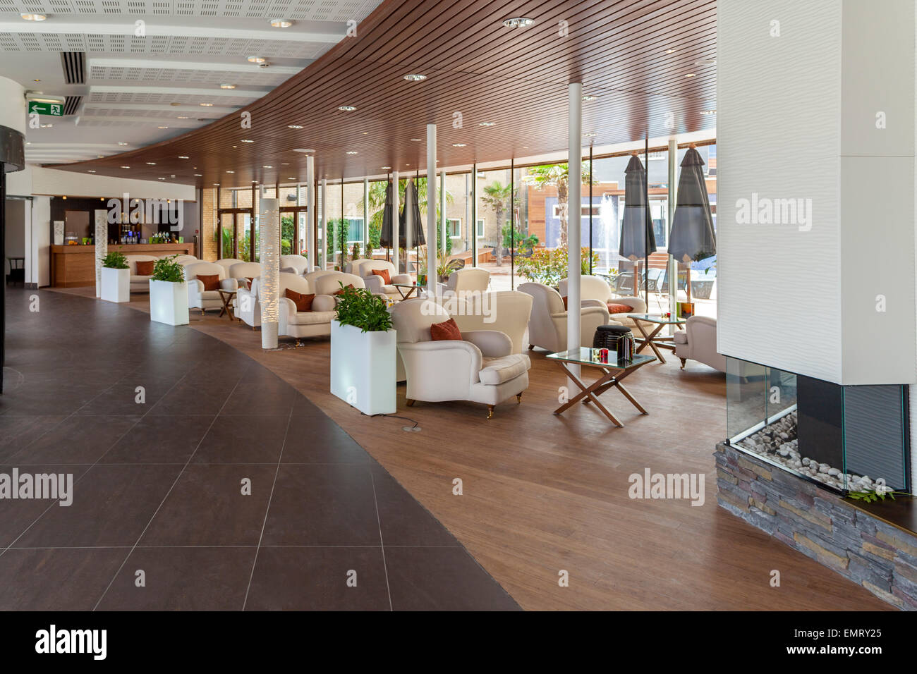 Empty modern Scandinavian design hotel lobby at the Reef Hotel & Resort ...