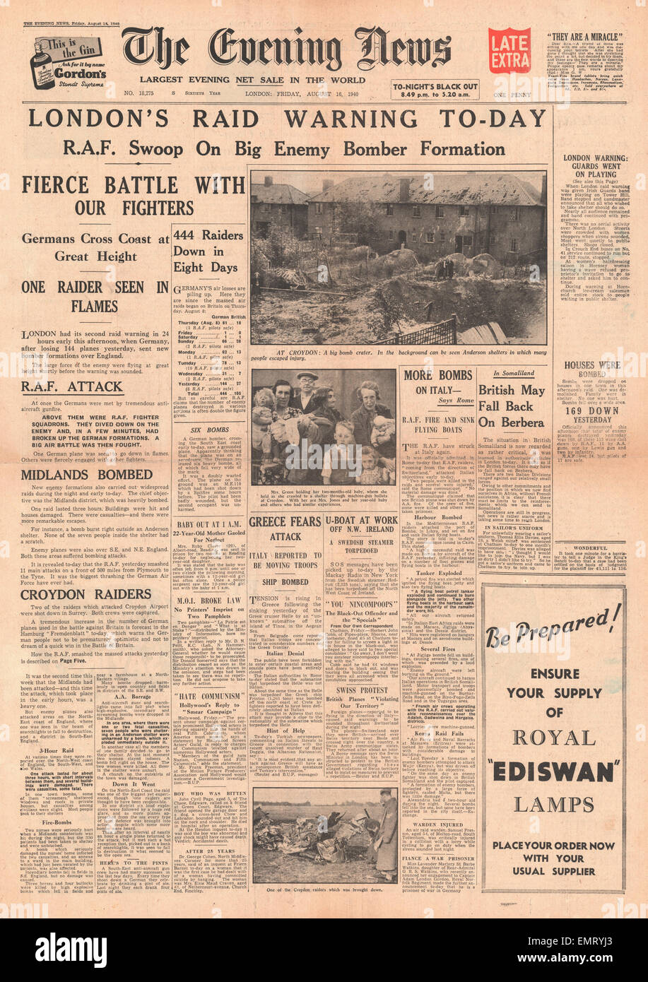 1940 front page Evening News Air Raids Over London the South East Stock ...