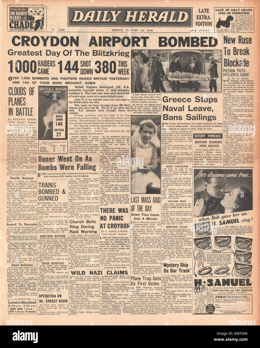 1940 front page Daily Herald Air Raids Over London the South East Stock ...
