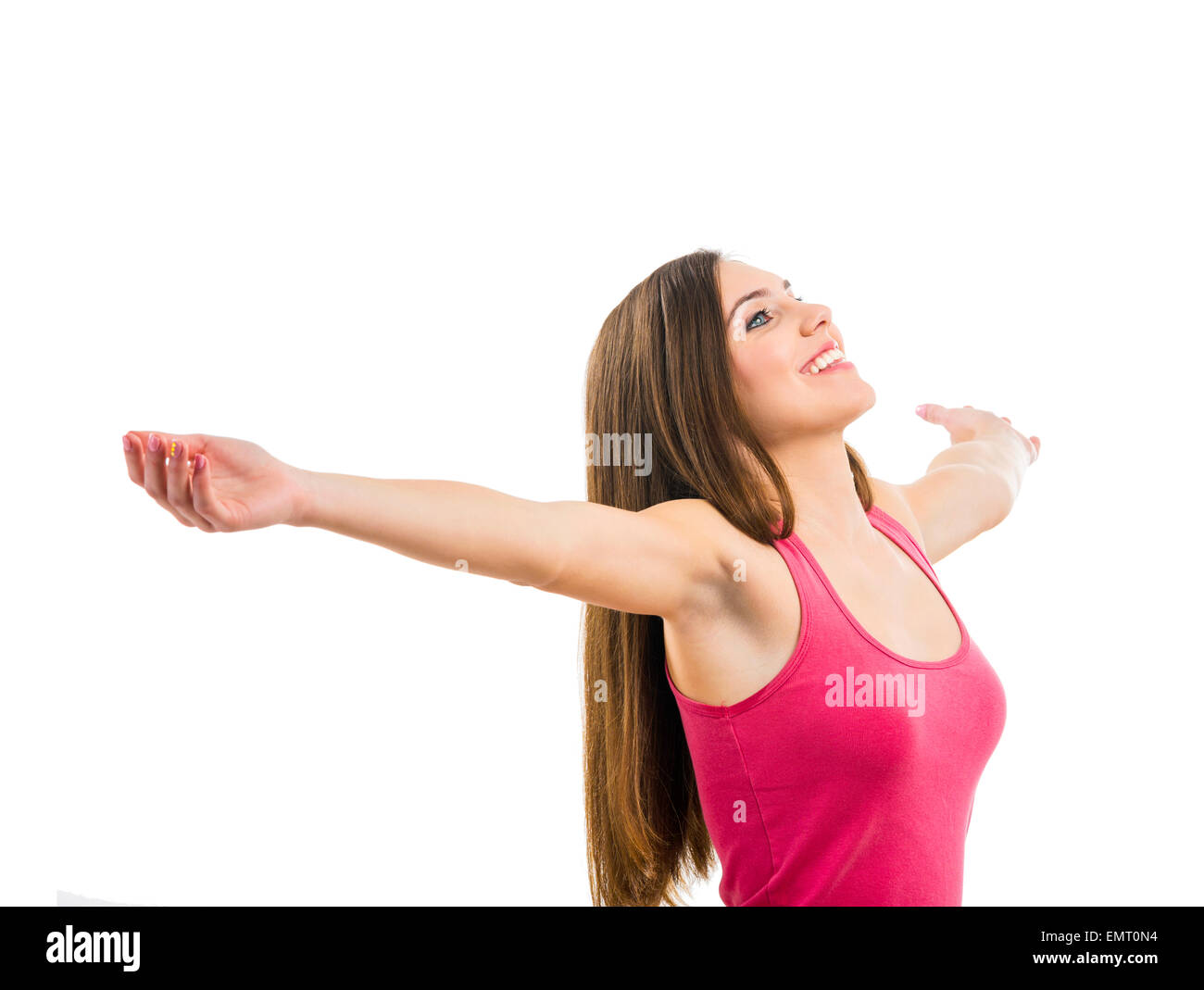 Beautiful woman with open arms isolated over a white background Stock ...