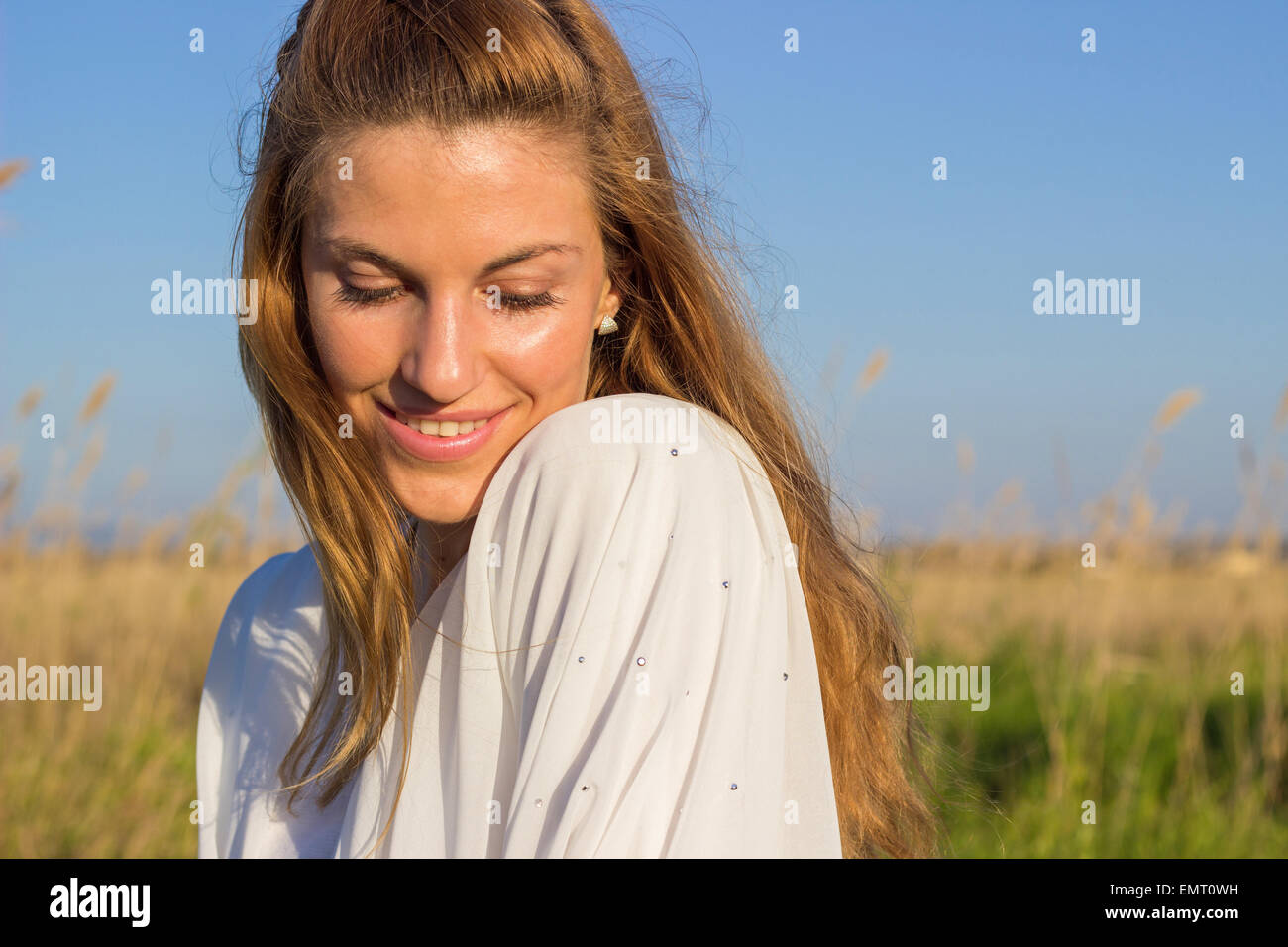 happy smiling woman sunset field girl rest spring summer relax country ...