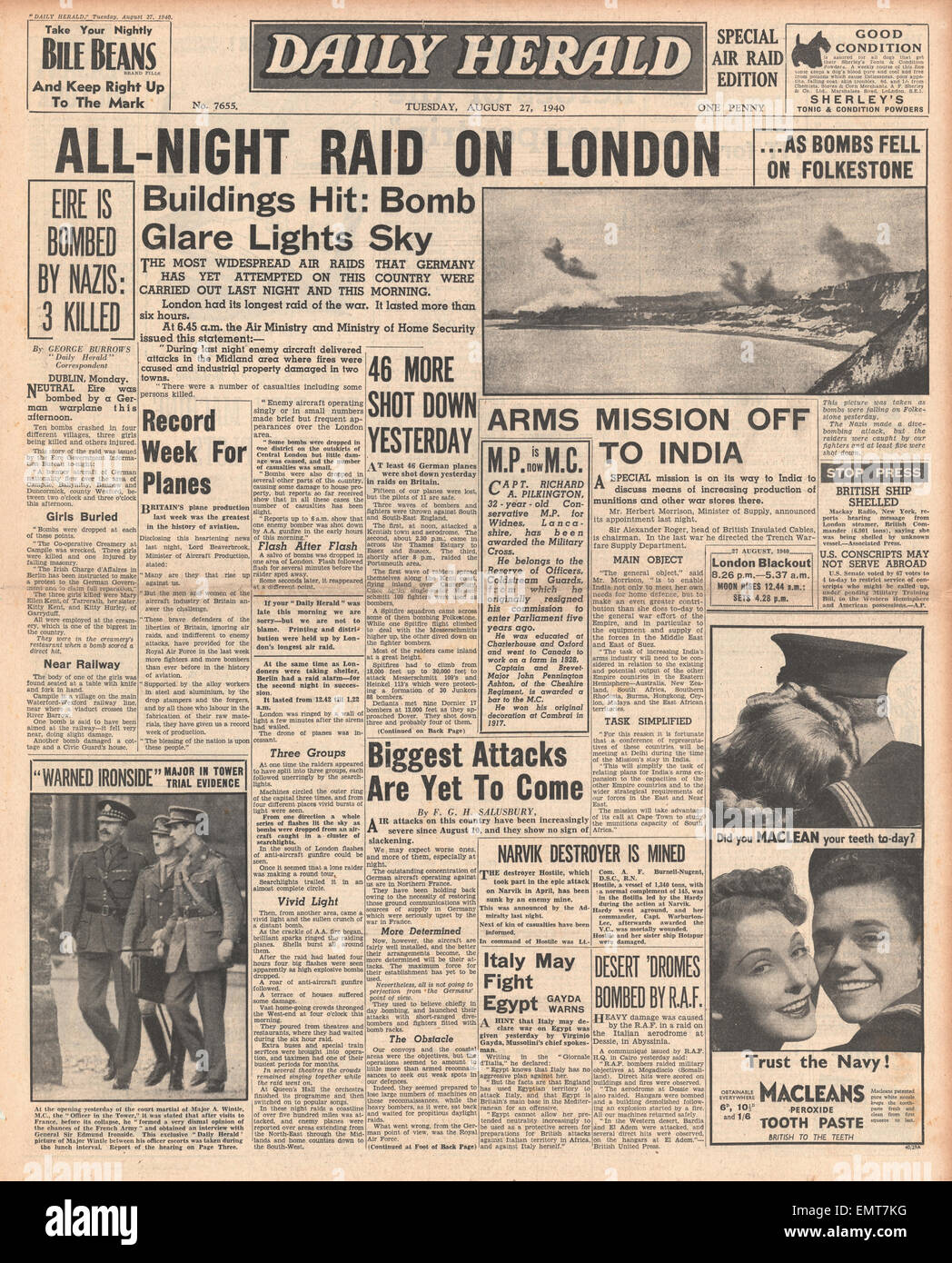 1940 front page Daily Herald Luftwaffe bombing raids on London ...