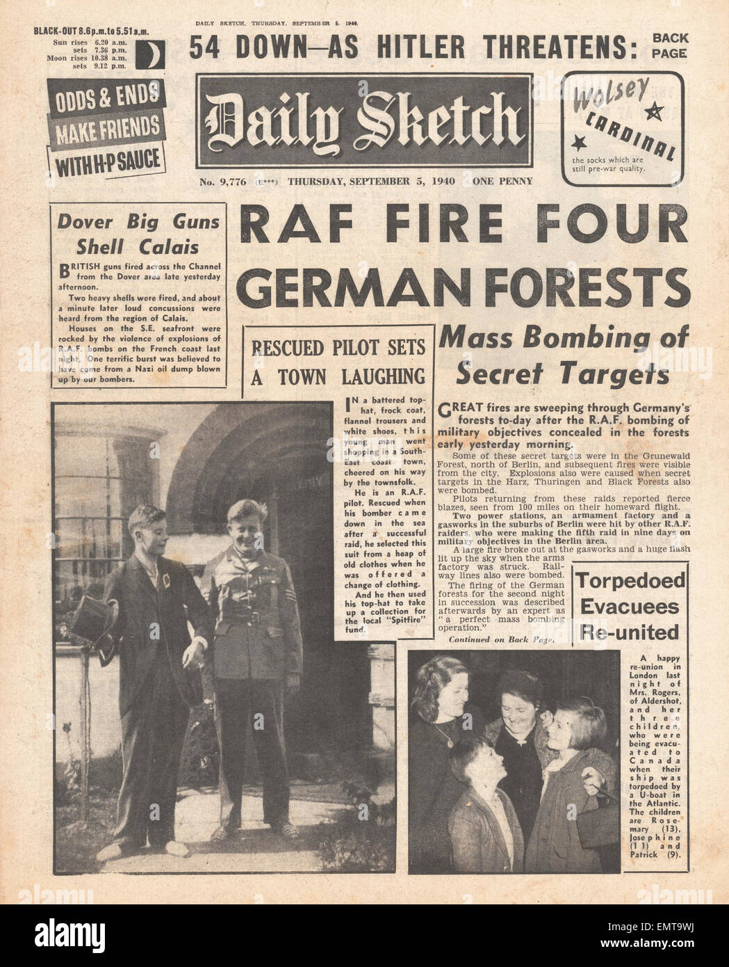 1940 front page Daily Sketch Hitler Threatens to increase bombing raids ...