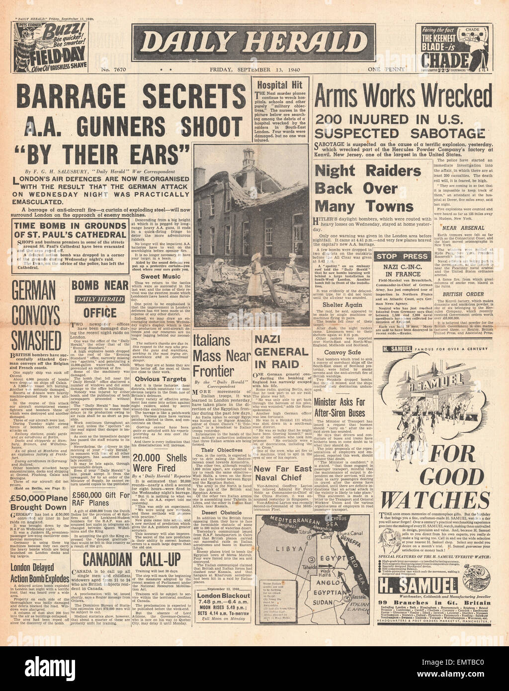 1940 front page Daily Herald Massive Luftwaffe bombing raid on London ...