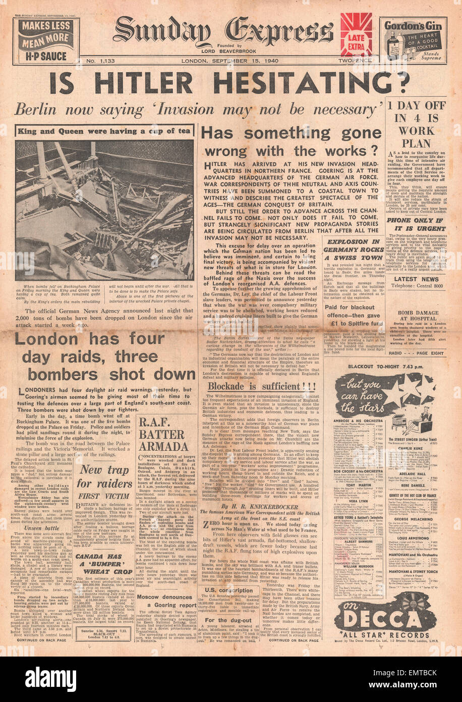 1940 front page Sunday Express Hitler hesitates at Invasion of Britain ...