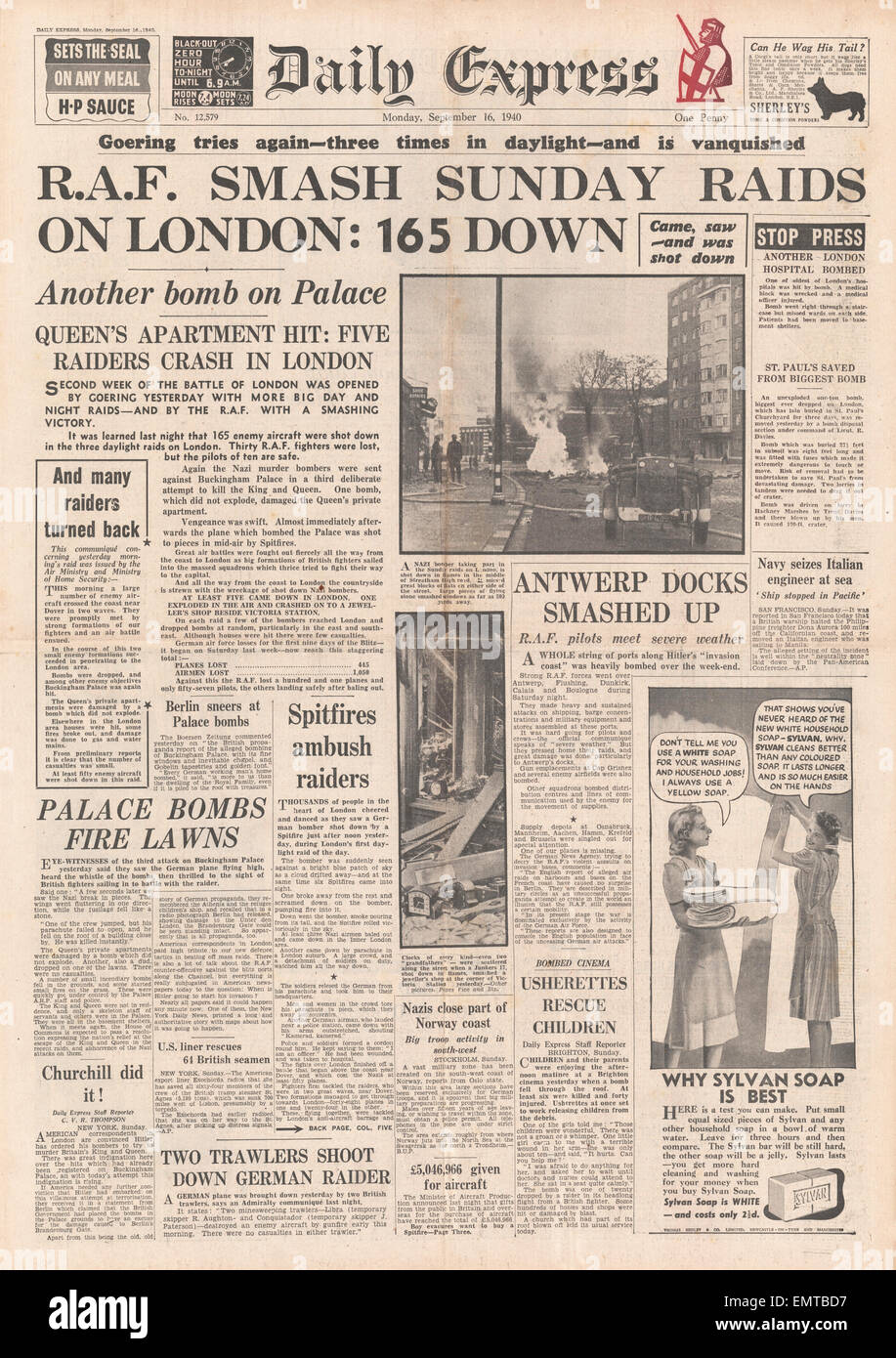 1940 front page Daily Express Luftwaffe daylight raid on London RAF ...