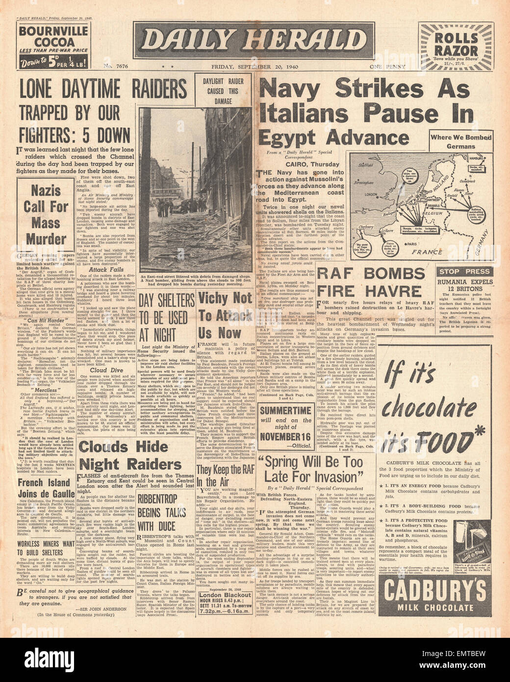 1940 front page Daily Herald Royal Navy Warships shell Italian Army in ...