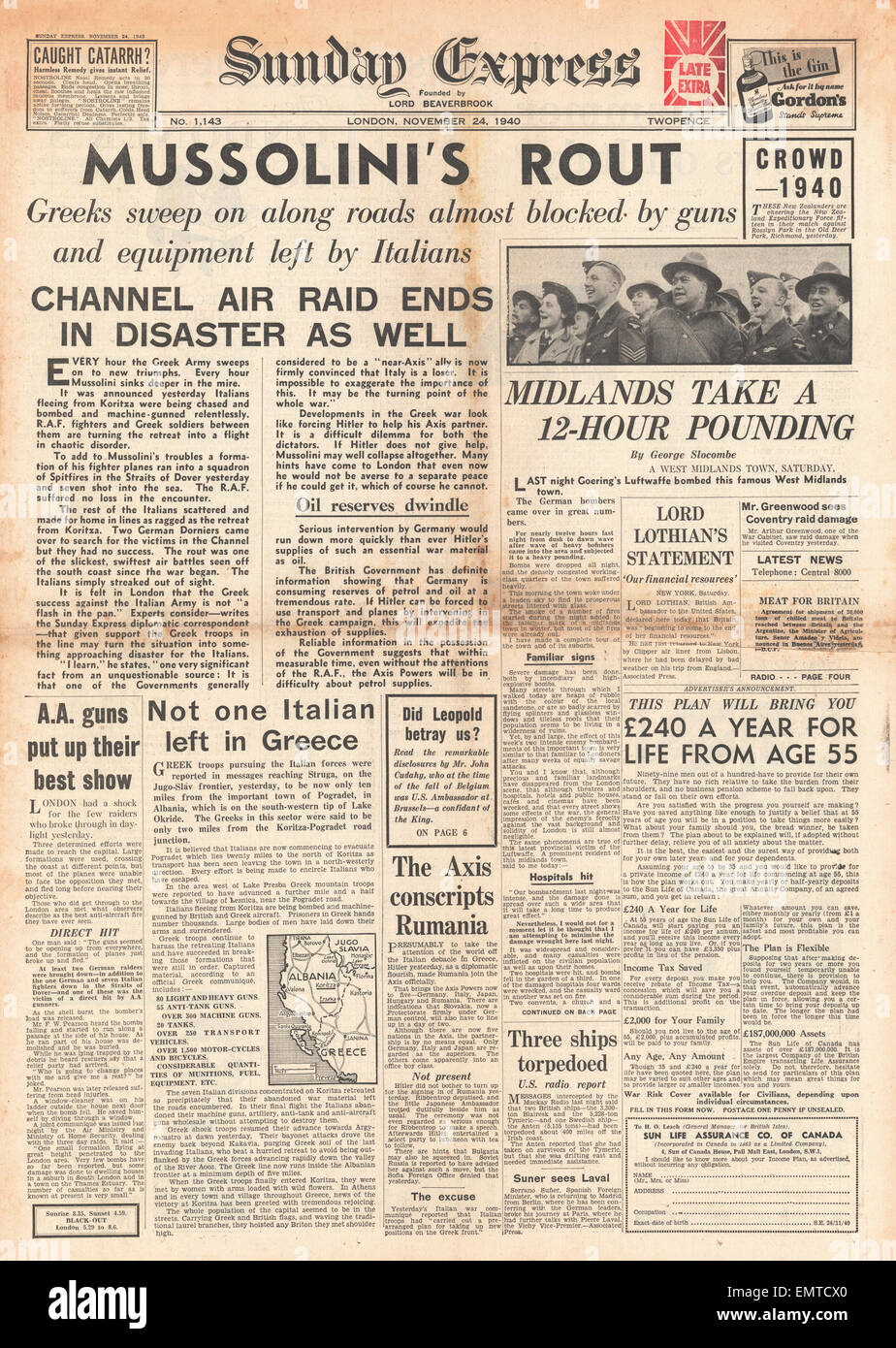 1940 front page Sunday Express Italian Army routed in Albania Stock ...