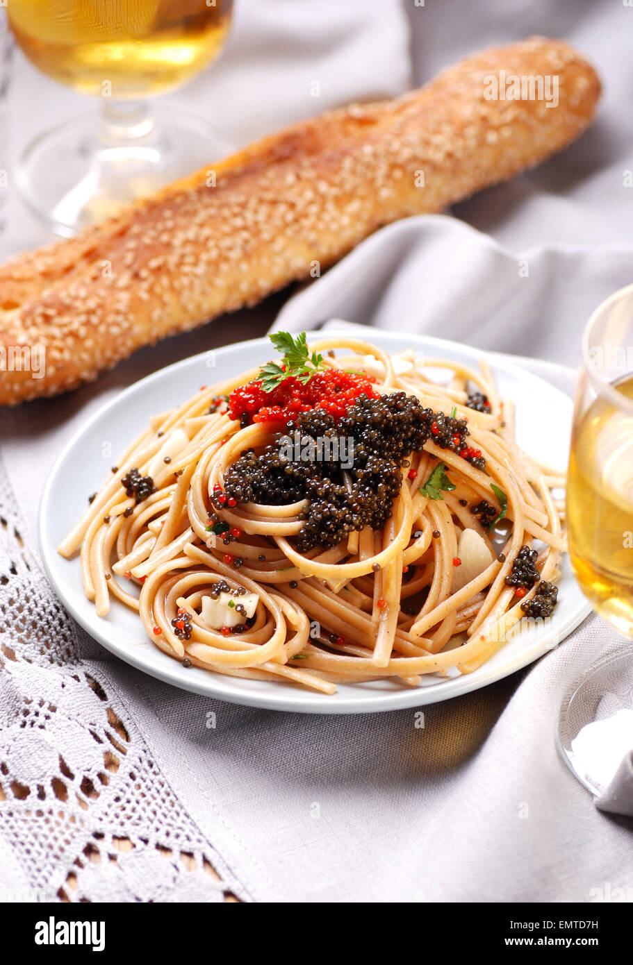 pasta with red and black lumpfish roe Stock Photo - Alamy