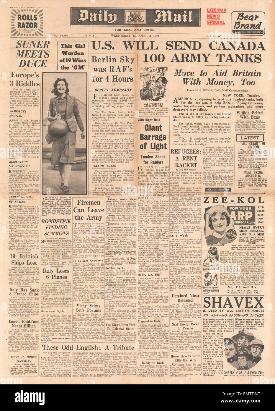 1940 front page Daily Mail RAF US sends tanks to Canada Battle of ...