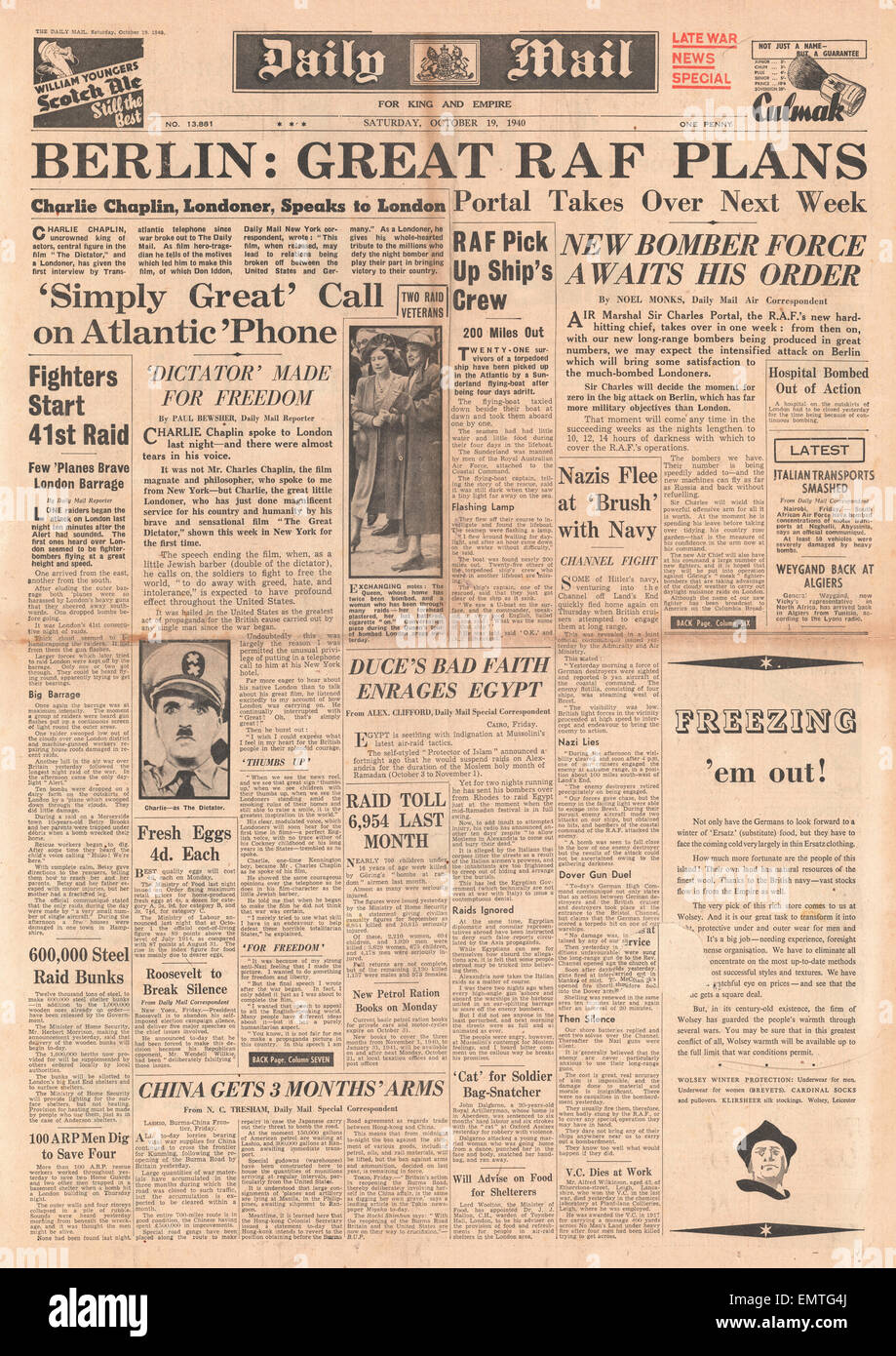 1940 front page Daily Mail RAF Plan Intensive Raids on Berlin Stock ...