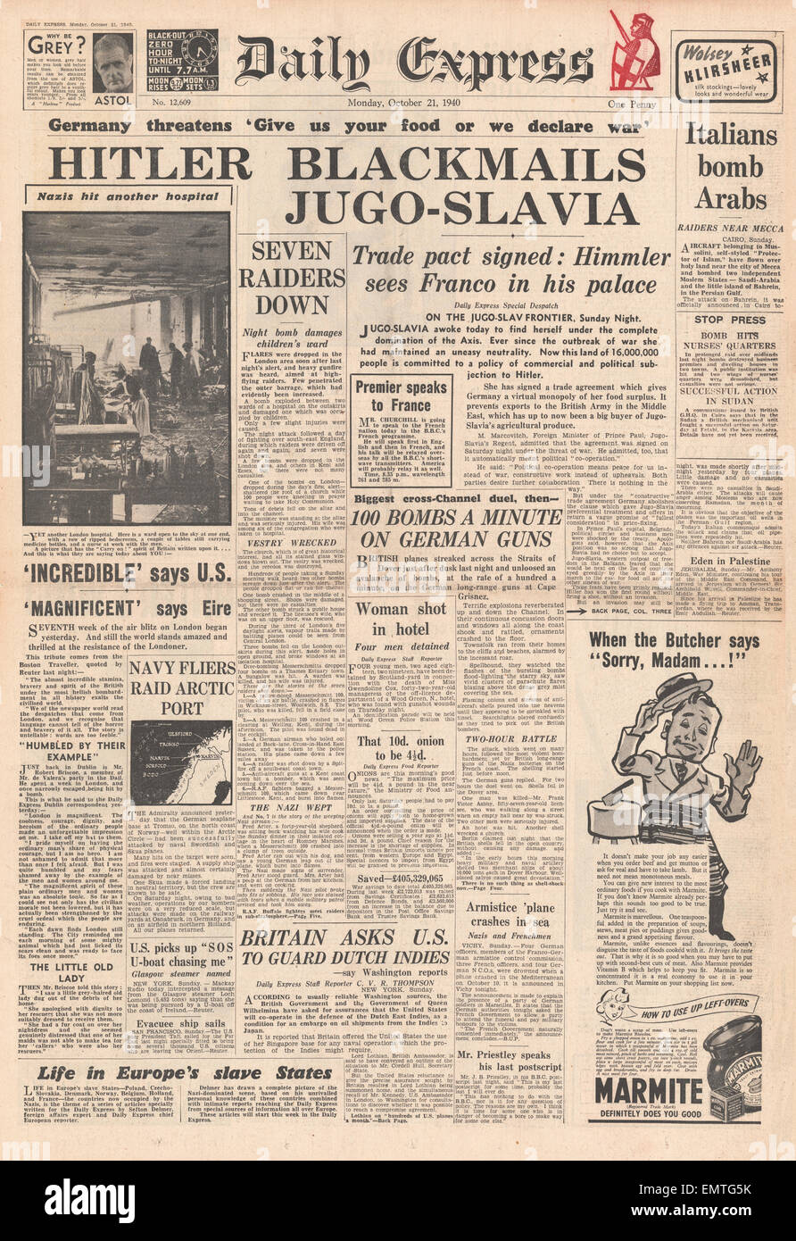 1940 front page Daily Express Hitler blackmails Yugoslavia General ...