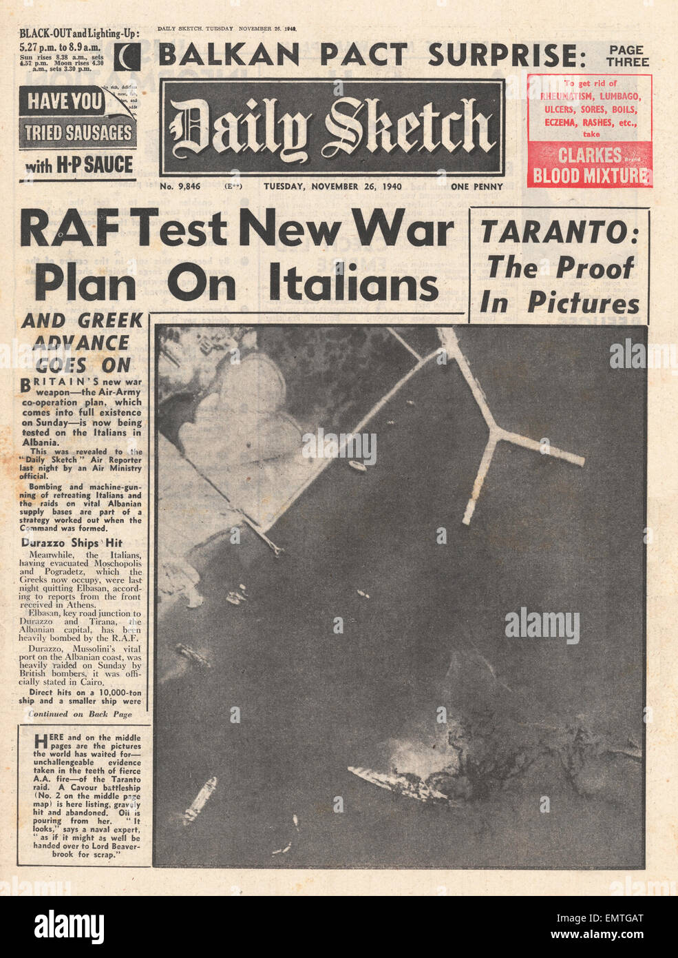1940 front page Daily Sketch RAF Army war plans against Italy Stock ...
