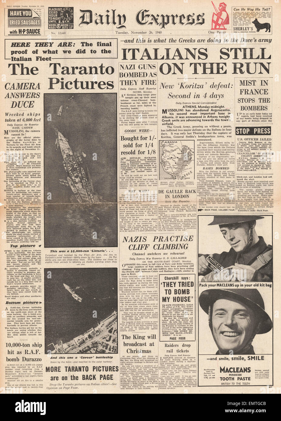 1940 front page Daily Express Fleet Air Arm Raid Italian naval base at ...