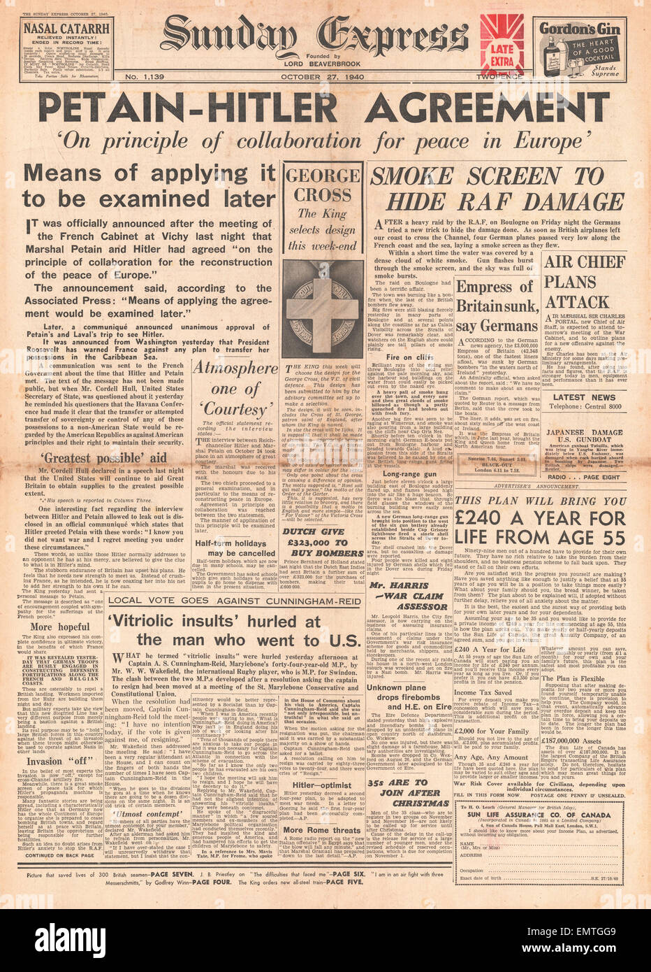 1940 front page Sunday Express Petain - Hitler Agreement Stock Photo ...